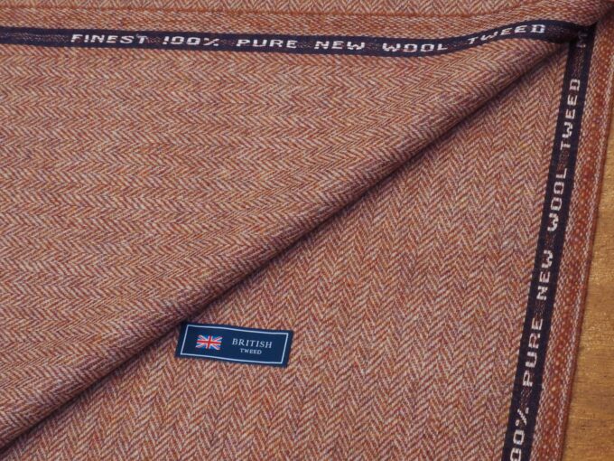 British Tweed Fabric 100% Pure Wool Mixture Beige/Salsa Herringbone ...
